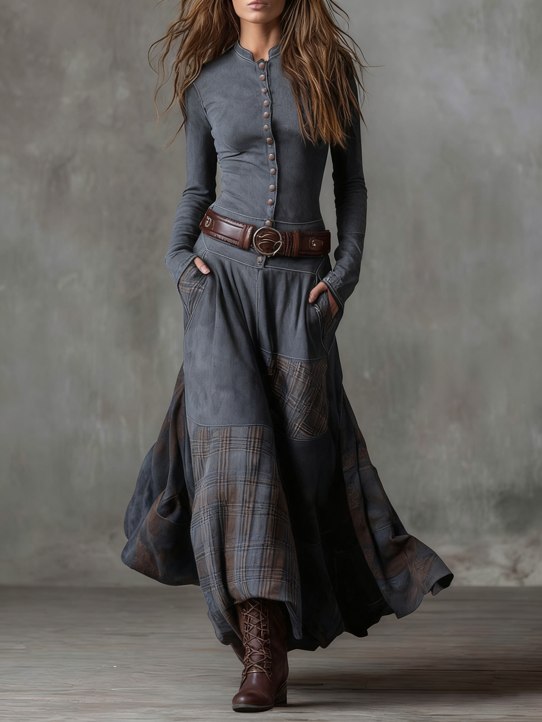 Fringilla – Long Vintage Suede Dress with Check Pattern – Annie’s ...